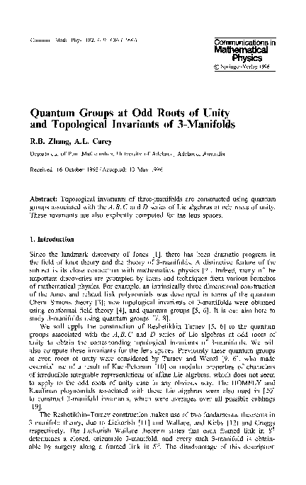 (PDF) Quantum groups at odd roots of unity and topological invariants ...
