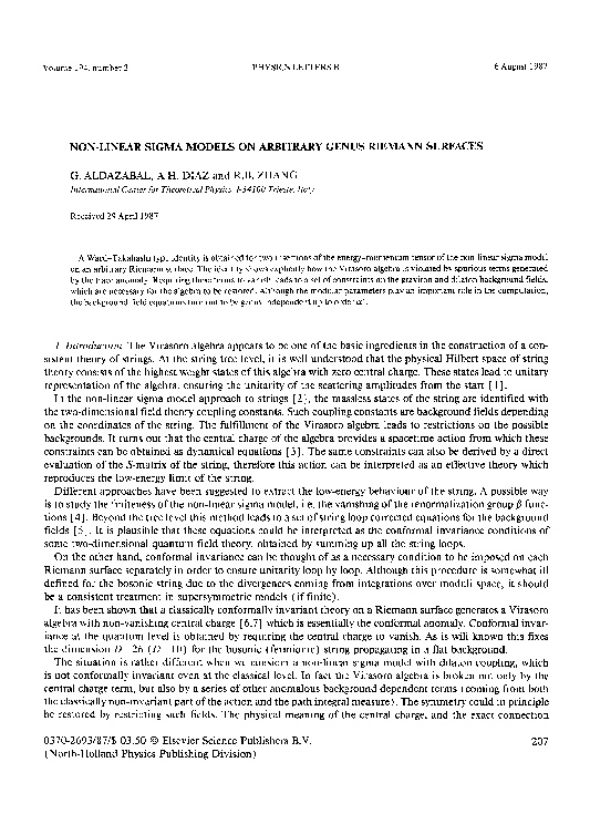 (PDF) Non-linear sigma models on arbitrary genus Riemann surfaces