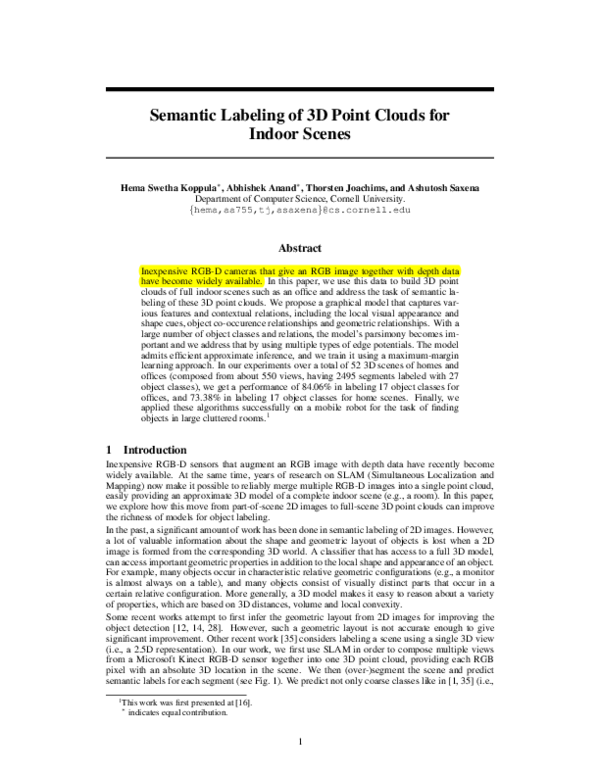(PDF) Semantic Labeling of 3D Point Clouds for Indoor Scenes