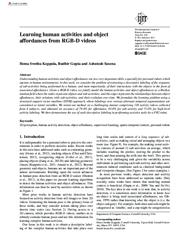 (PDF) Learning human activities and object affordances from RGB-D videos