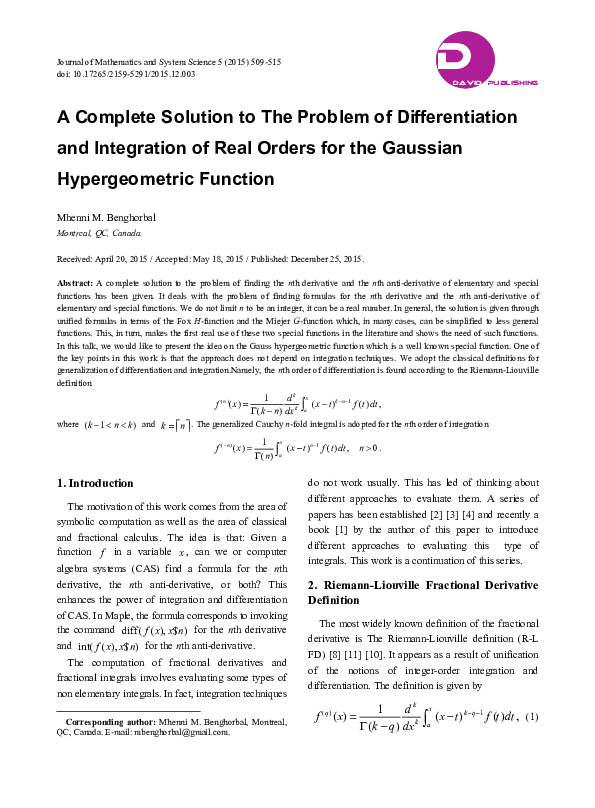 (PDF) A Complete Solution to The Problem of Differentiation and Integration of Real Orders for ...