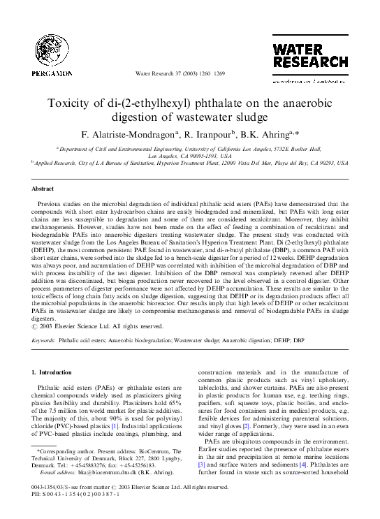 (PDF) Toxicity of di-(2-ethylhexyl) phthalate on the anaerobic digestion of wastewater sludge
