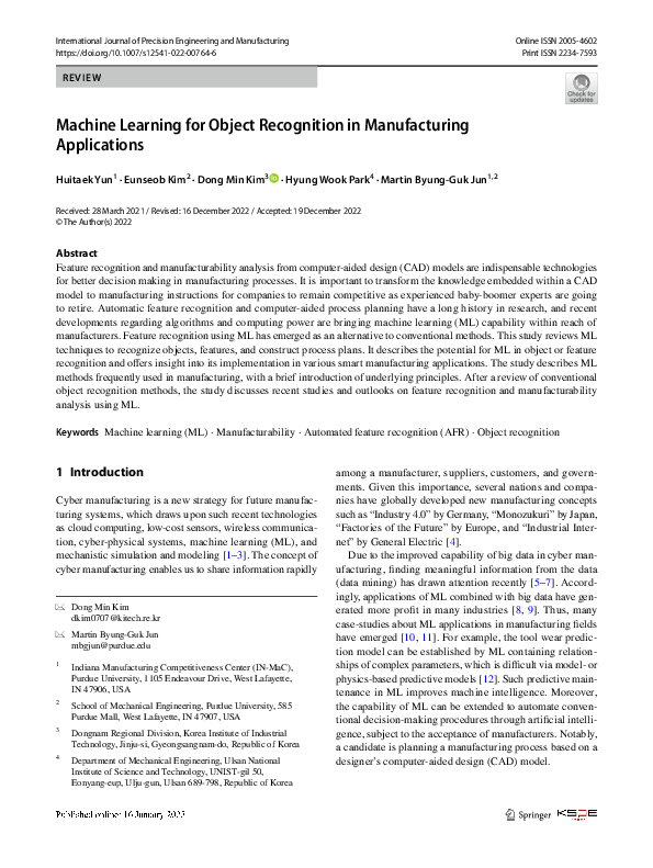 (PDF) Machine Learning for Object Recognition in Manufacturing Applications