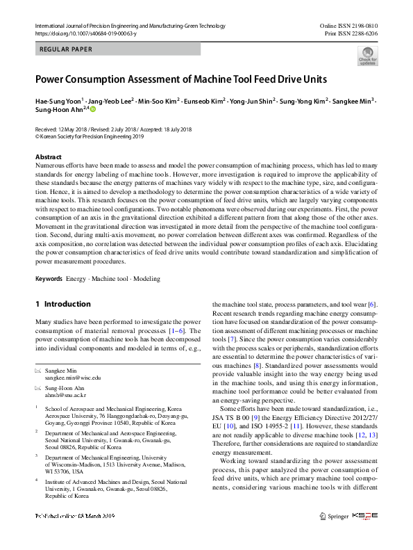 (PDF) Power Consumption Assessment of Machine Tool Feed Drive Units