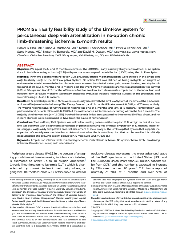 (PDF) PROMISE I: Early feasibility study of the LimFlow System for ...