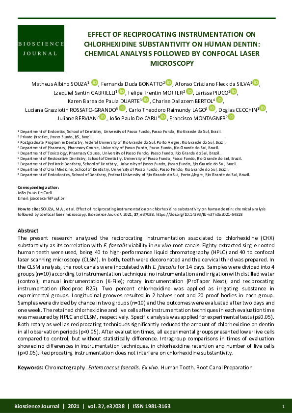 Pdf Effect Of Reciprocating Instrumentation On Chlorhexidine Substantivity On Human Dentin