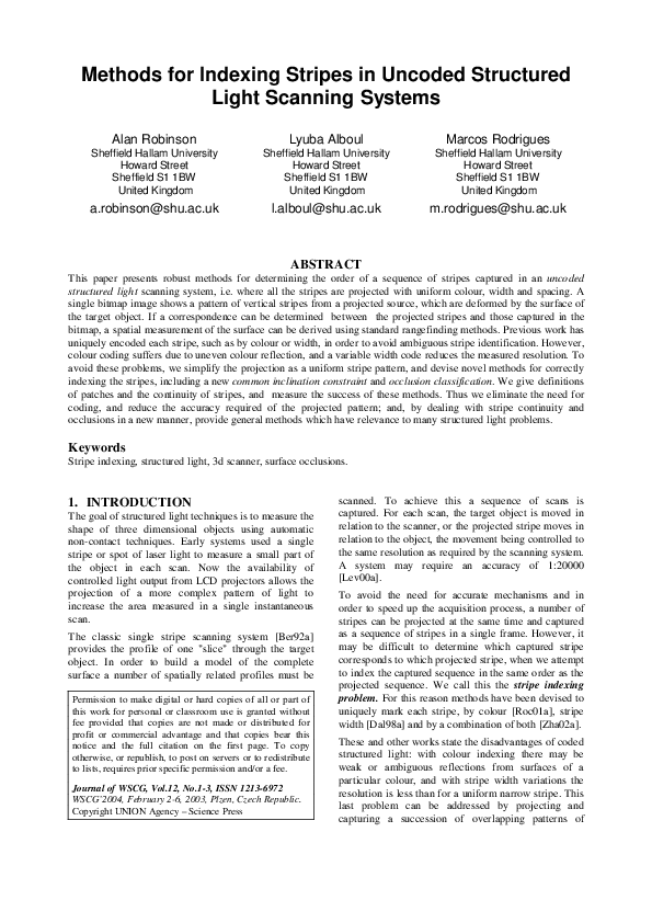 (PDF) Methods for indexing stripes in uncoded structured light scanning systems
