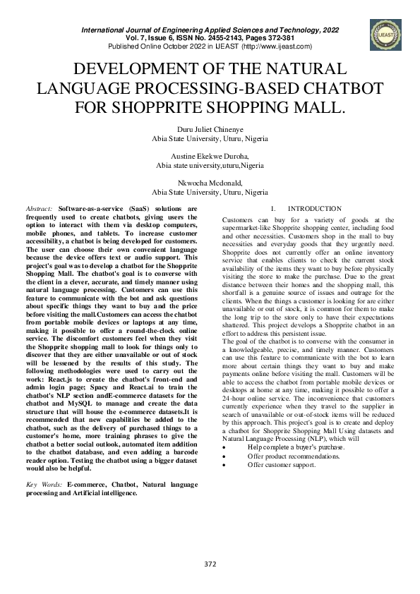 (PDF) Development of the Natural Language Processing-Based Chatbot for ...