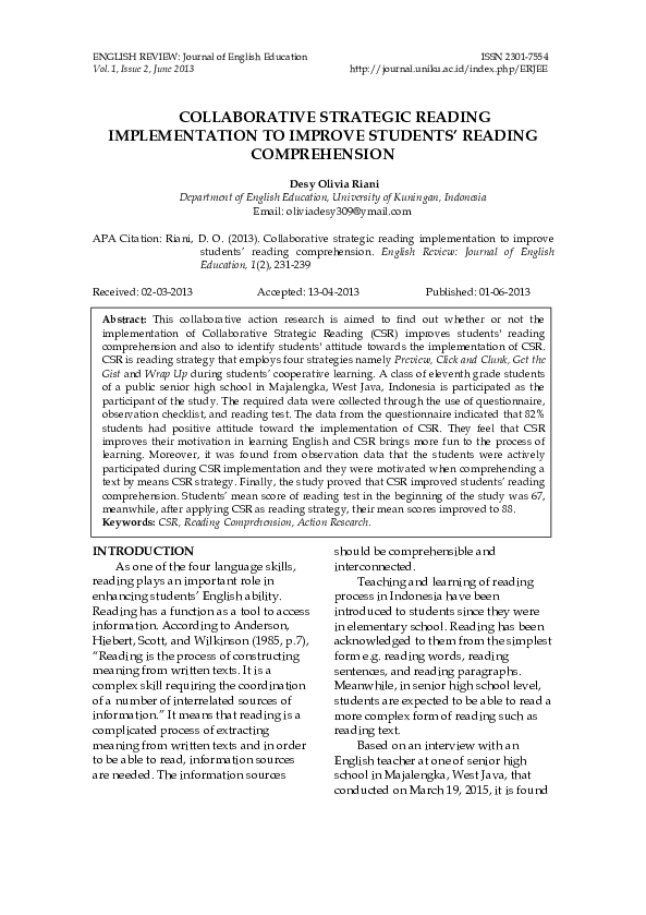 (PDF) Collaborative Strategic Reading Implementation to Improve ...