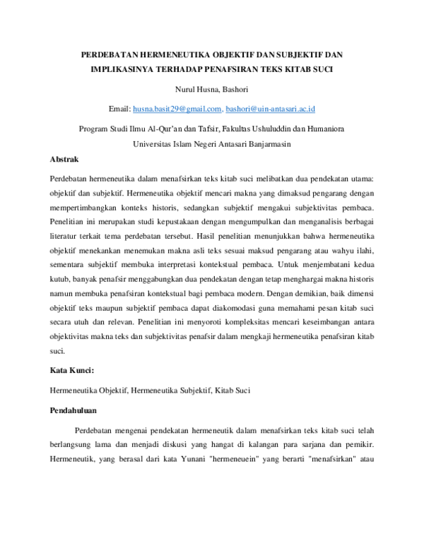 (PDF) PERDEBATAN HERMENEUTIKA OBJEKTIF DAN SUBJEKTIF DAN IMPLIKASINYA ...