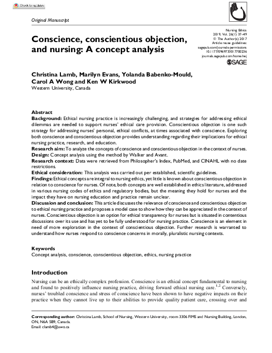 (PDF) Conscience, conscientious objection, and nursing: A concept analysis