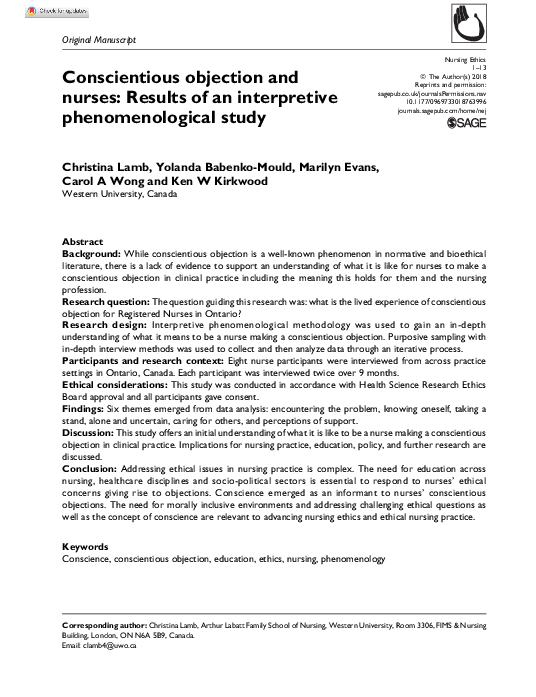 (PDF) Conscientious objection and nurses: Results of an interpretive phenomenological study ...