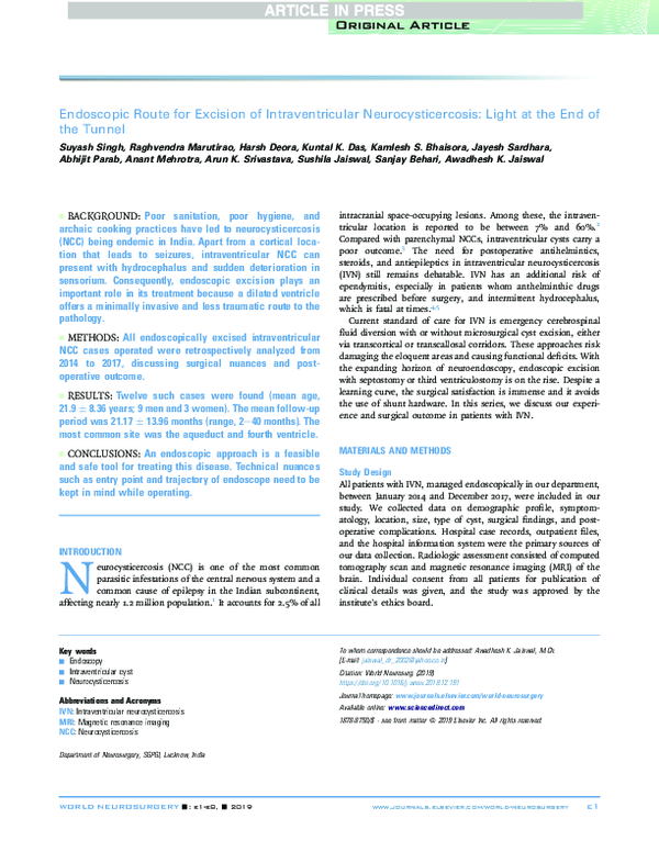 (PDF) Endoscopic Route for Excision of Intraventricular ...