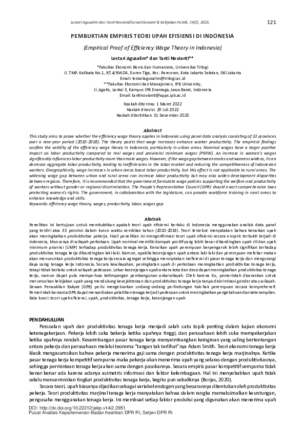 (PDF) Pembuktian Empiris Teori Upah Efisiensi di Indonesia