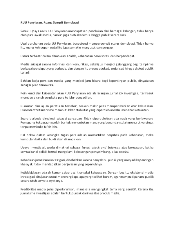 (PDF) RUU Penyiaran Ruang Sempit Demokrasi