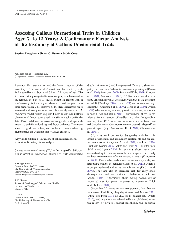 (PDF) Assessing Callous Unemotional Traits in Children Aged 7- to 12 ...