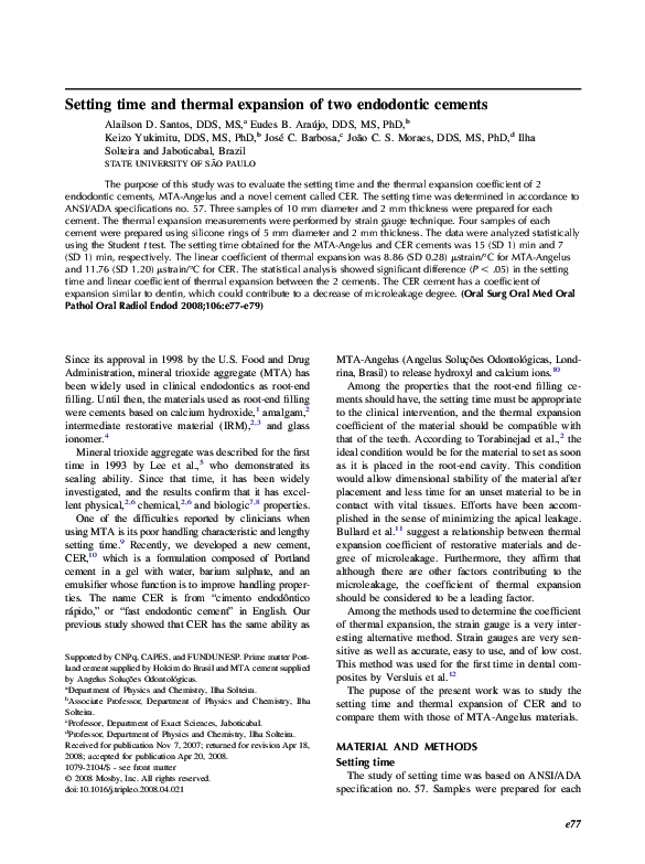 (PDF) Setting time and thermal expansion of two endodontic cements