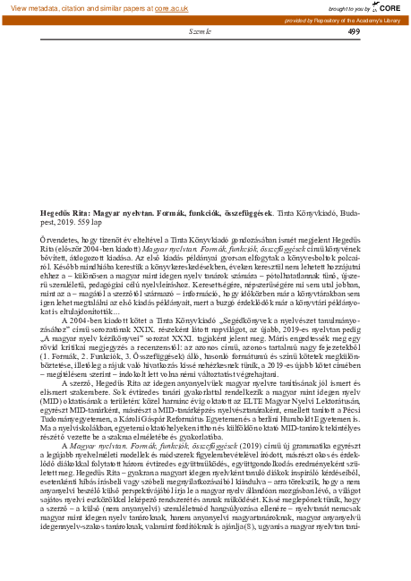 (PDF) Hegedűs Rita: Magyar nyelvtan. Formák, funkciók, összefüggések. Tinta Könyvkiadó, Budapest ...