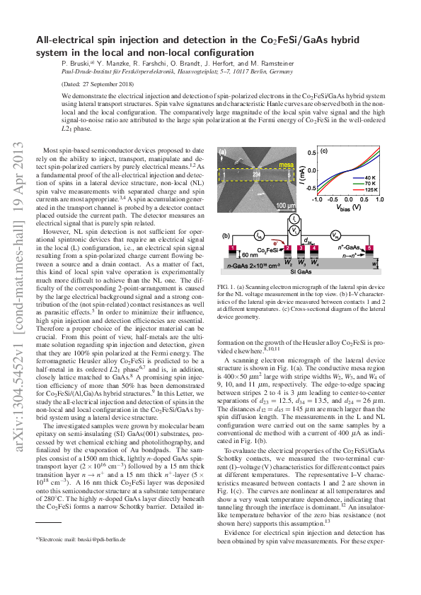 Pdf All Electrical Spin Injection And Detection In The Co2fesi Gaas Hybrid System In The Local