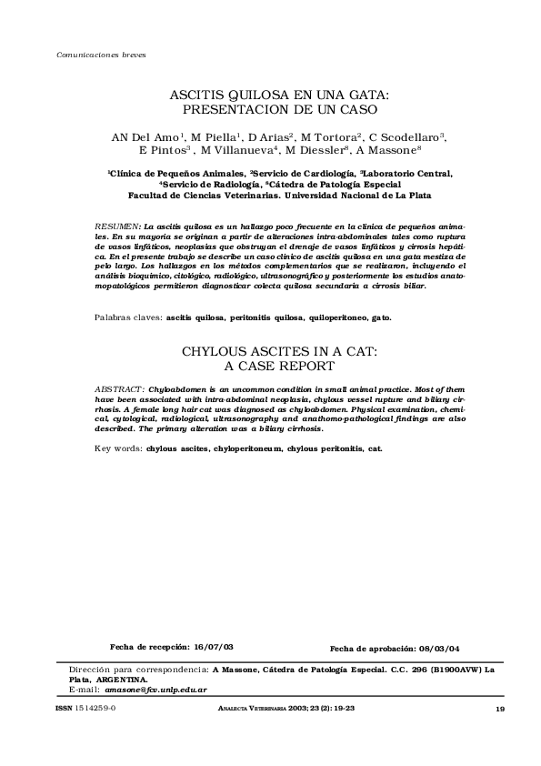 (PDF) Ascitis quilosa en una gata: presentación de un caso