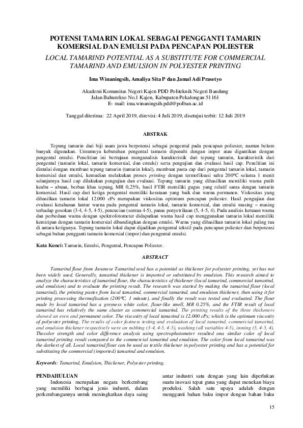 (PDF) Potensi Tamarin Lokal Sebagai Pengganti Tamarin Komersial Dan Emulsi Pada Pencapan Poliester