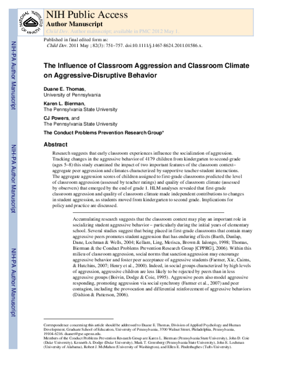 (PDF) The Influence of Classroom Aggression and Classroom Climate on ...
