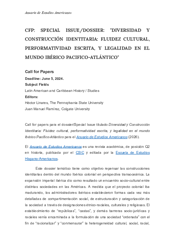 (PDF) CFP: SPECIAL ISSUE/DOSSIER: "DIVERSIDAD Y CONSTRUCCIÓN IDENTITARIA: FLUIDEZ CULTURAL ...