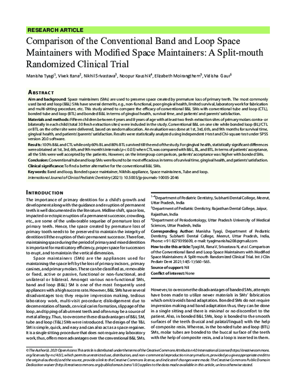 (PDF) Comparison of the Conventional Band and Loop Space Maintainers ...