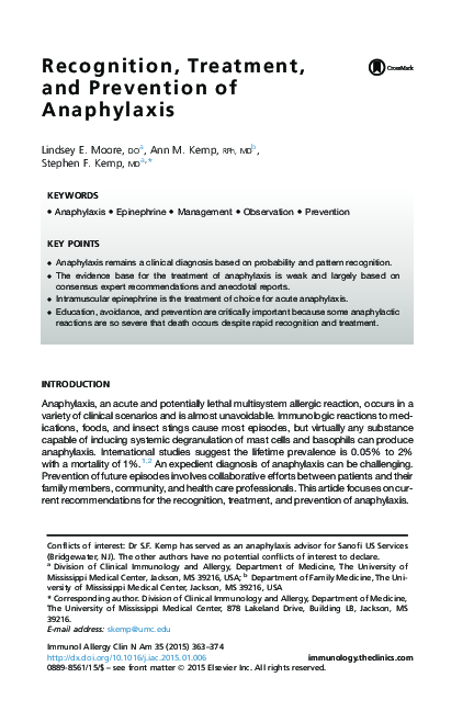 (PDF) Recognition, Treatment, and Prevention of Anaphylaxis