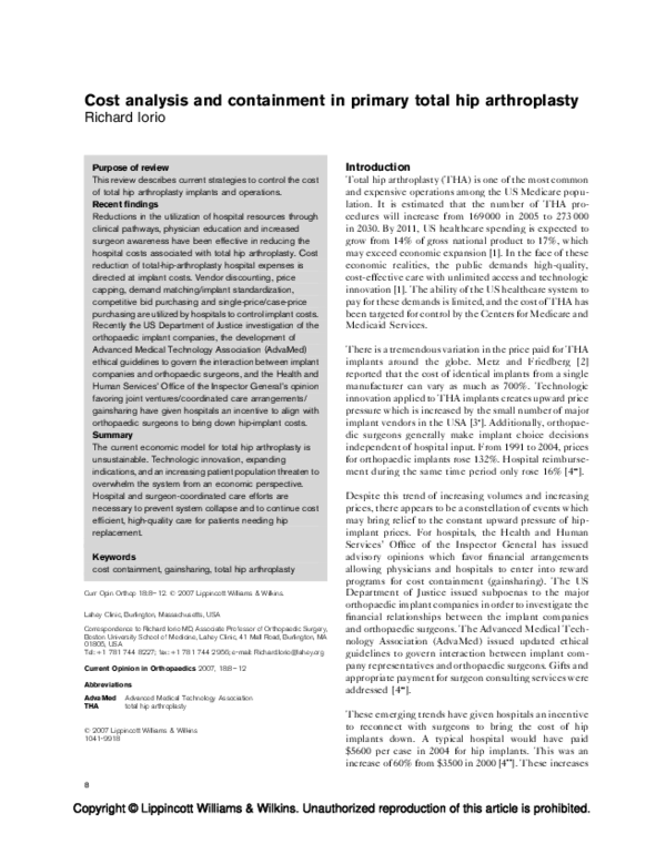 (PDF) Cost analysis and containment in primary total hip arthroplasty