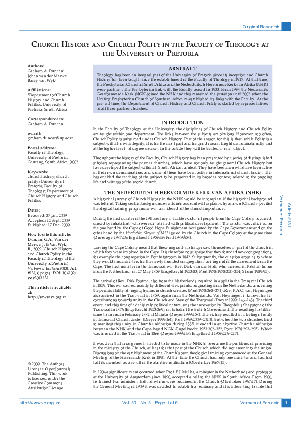 (PDF) Church History and Church Polity in the Faculty of Theology at ...
