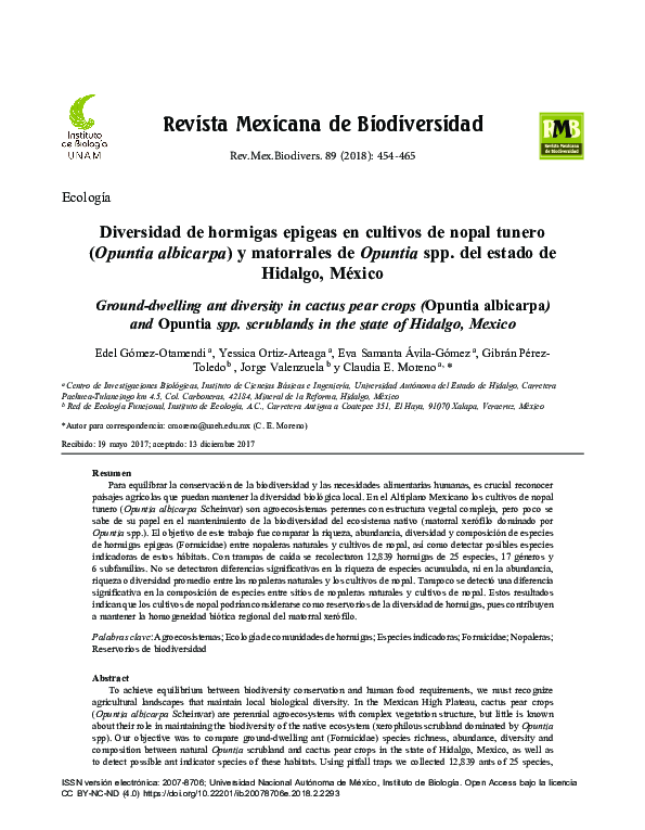 (PDF) Diversidad de hormigas epigeas en cultivos de nopal tunero ...