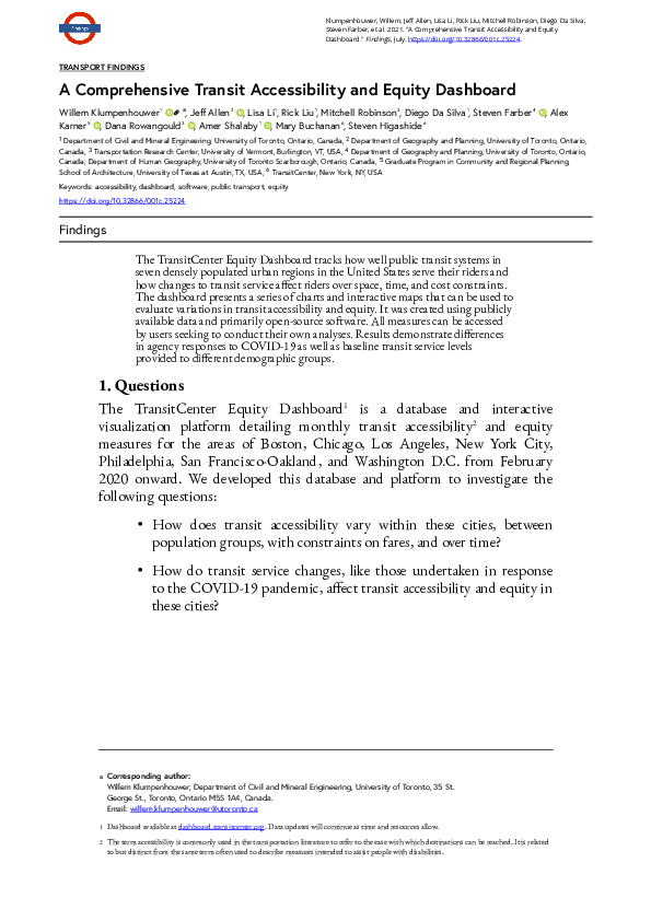 (PDF) A Comprehensive Transit Accessibility and Equity Dashboard