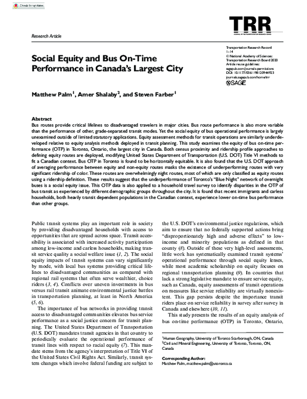 (PDF) Social Equity and Bus On-Time Performance in Canada’s Largest City