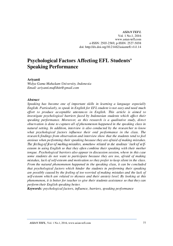 (PDF) Psychological Factors Affecting EFL Students’ Speaking Performance