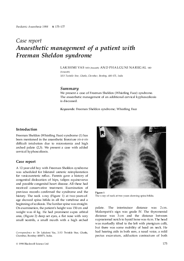 (PDF) Anaesthetic management of a patient with Freeman Sheldon syndrome