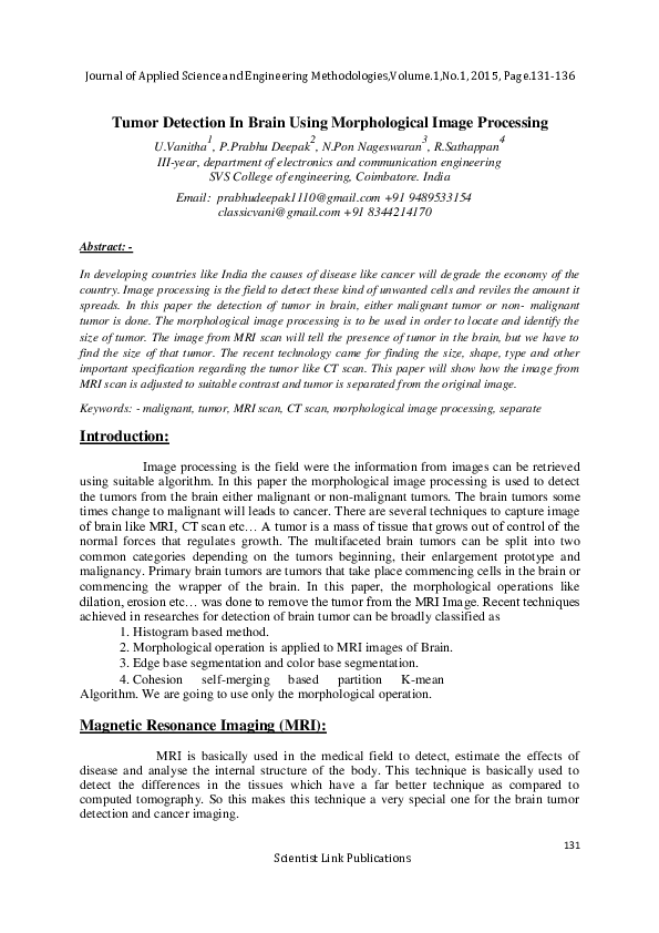 (PDF) Tumor Detection In Brain Using Morphological Image Processing