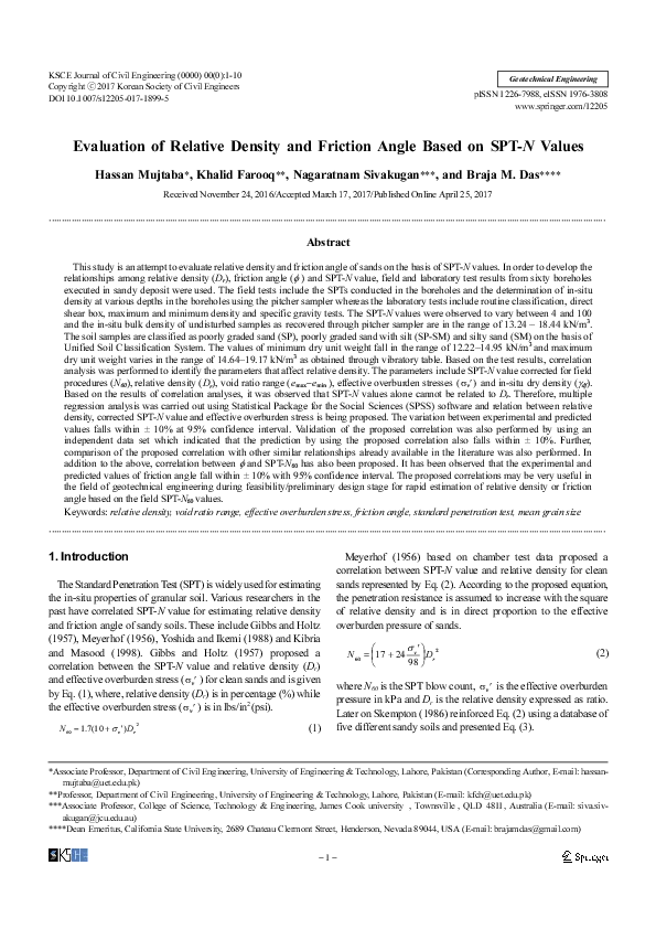 Pdf Evaluation Of Relative Density And Friction Angle Based On Spt N