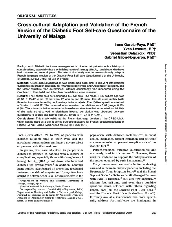 Pdf Cross Cultural Adaptation And Validation Of The French Version Of The Diabetic Foot Self