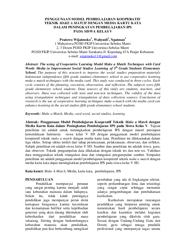 (PDF) Penggunaan Model Pembelajaran Kooperatif Teknik Make a Match Dengan Media Kartu Kata Dalam ...