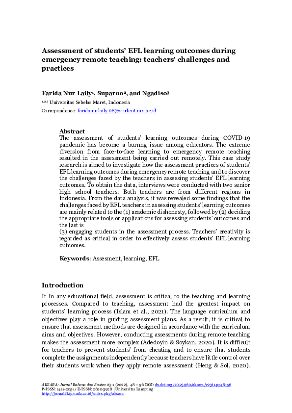 (PDF) Assessment of students’ EFL learning outcomes during emergency remote teaching: teachers ...