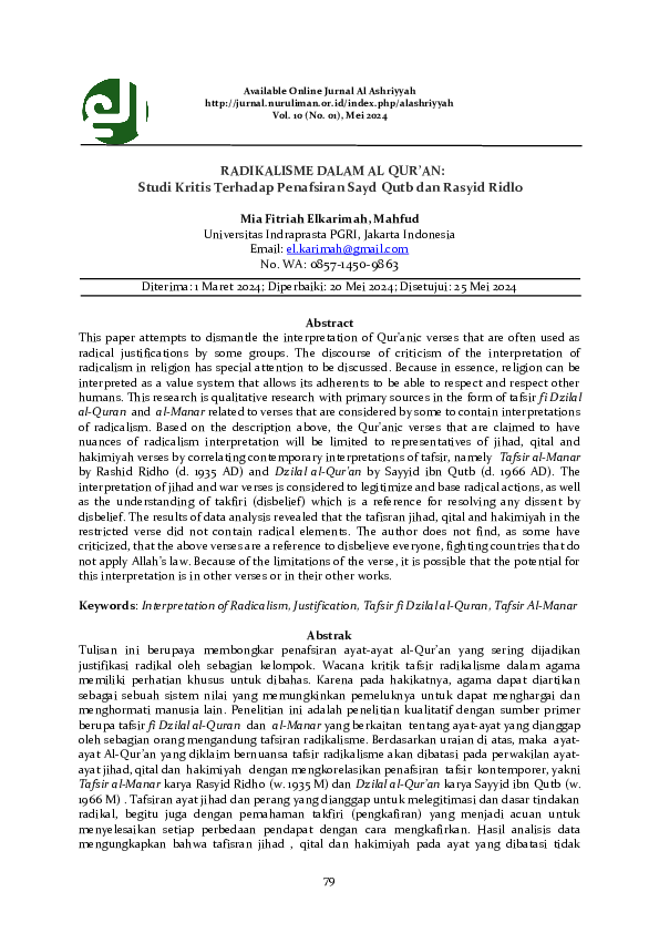 (PDF) RADIKALISME DALAM AL QUR'AN: Studi Kritis Terhadap Penafsiran ...