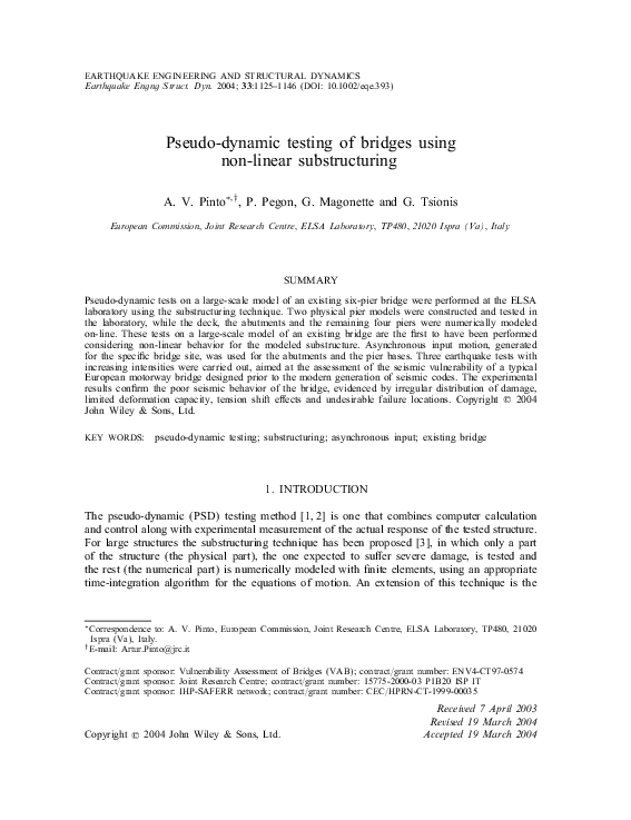 Pdf Pseudo Dynamic Testing Of Bridges Using Non Linear Substructuring Artur Pinto 