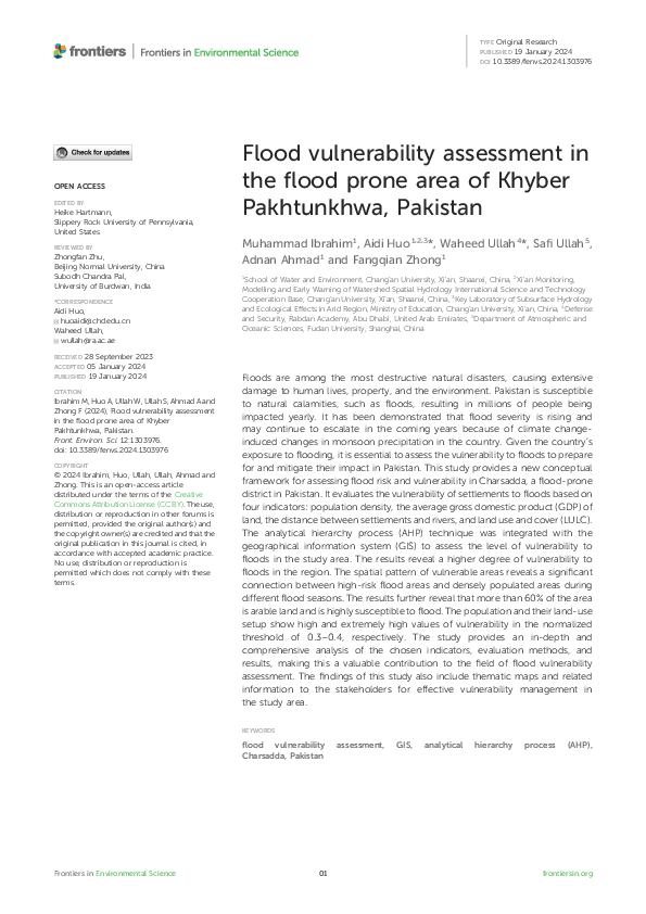 (PDF) Flood vulnerability assessment in the flood prone area of Khyber Pakhtunkhwa, Pakistan