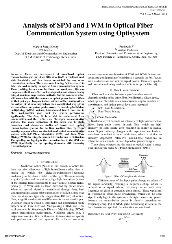 (PDF) Analysis of SPM and FWM in Optical Fiber Communication System using Optisystem