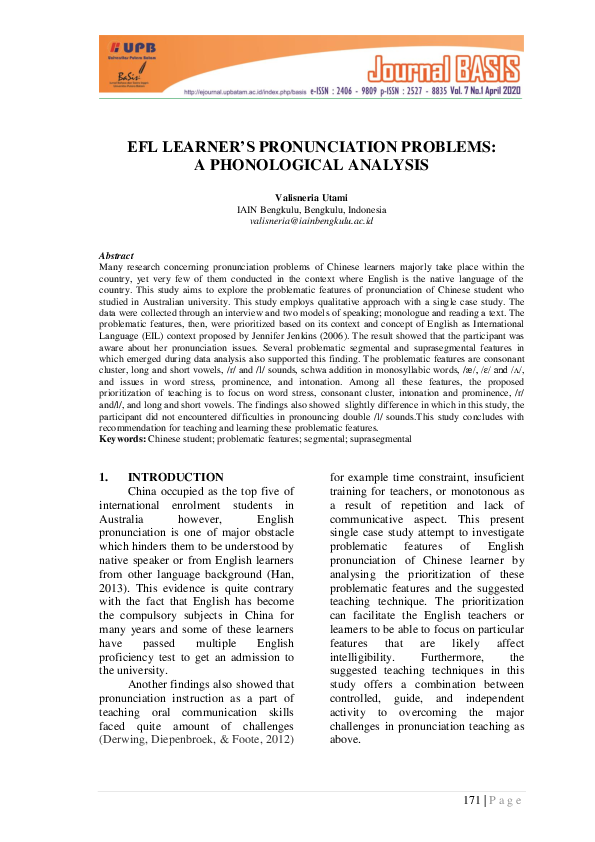 (PDF) Efl Learner’s Pronunciation Problems: A Phonological Analysis