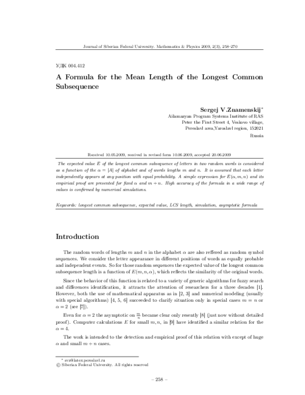 (PDF) A Formula for the Mean Length of the Longest Common Subsequence