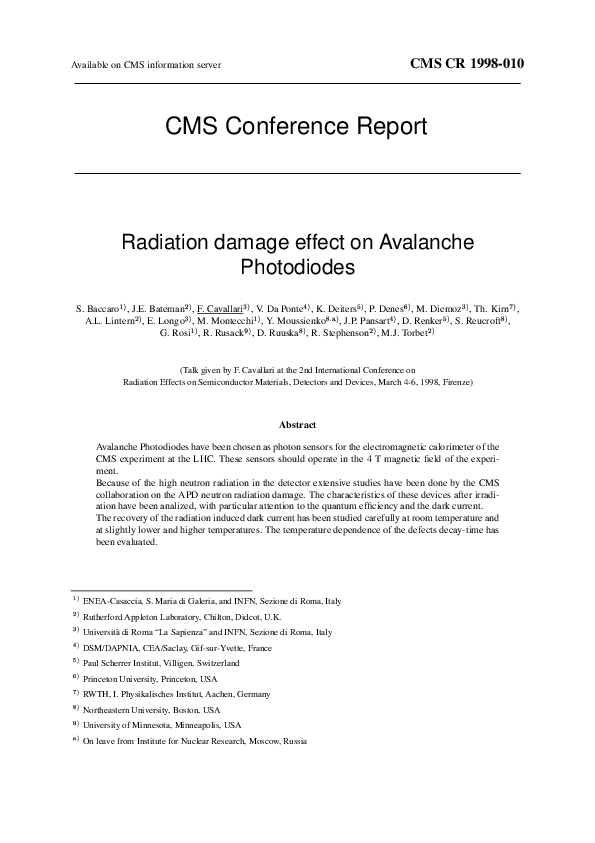 (PDF) Radiation damage effect on avalanche photodiodes | Marco ...