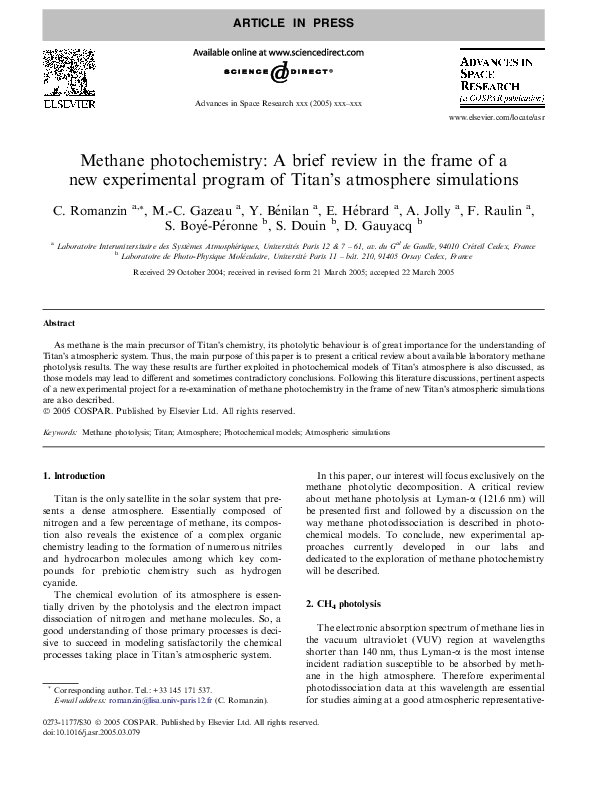 (PDF) Methane photochemistry: A brief review in the frame of a new ...