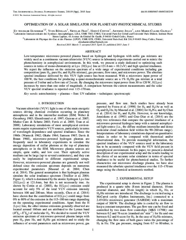 (PDF) Optimization of a Solar Simulator for Planetary-Photochemical Studies